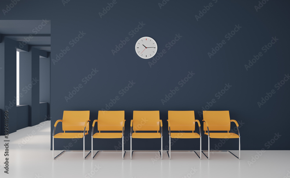 Waiting room space corridor with yellow seats and large windows 3D ...