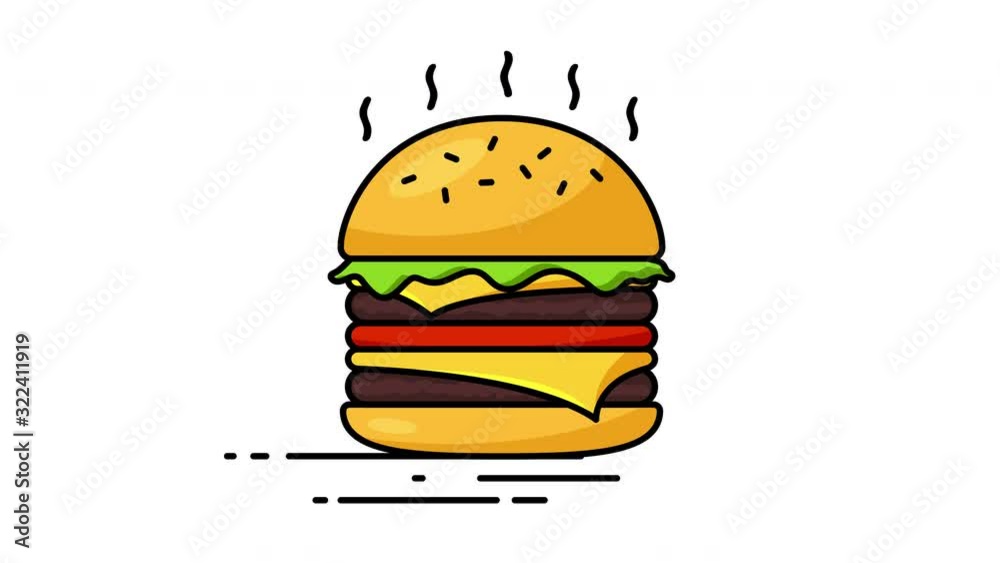 2d animation burger. Cartoonish hamburger assembled in layers. Concept ...