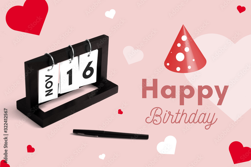 November 16th calendar for anniversary. Day 16 of month. Birthday card ...