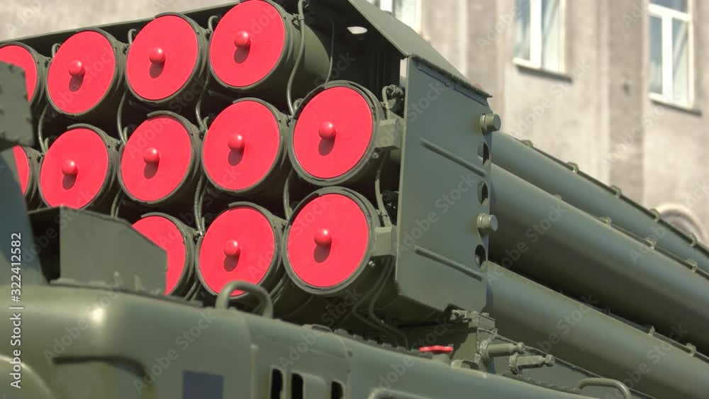 Missile firing system of military armored truck. Rocket launcher close ...