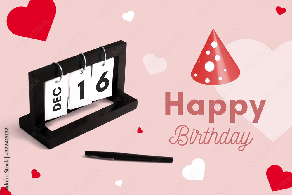 December 16th calendar for anniversary. Day 16 of month. Birthday card ...