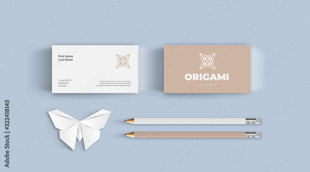 Origami logo and branding design template. Visiting cards and pencils ...