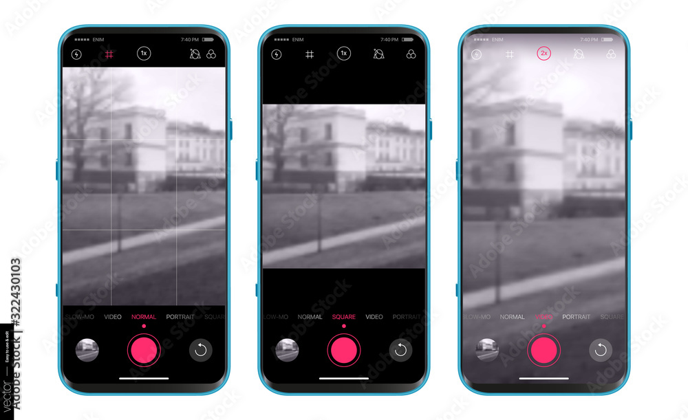 UI UX Design camera app for mobile. Shooting modes normal, portrait ...