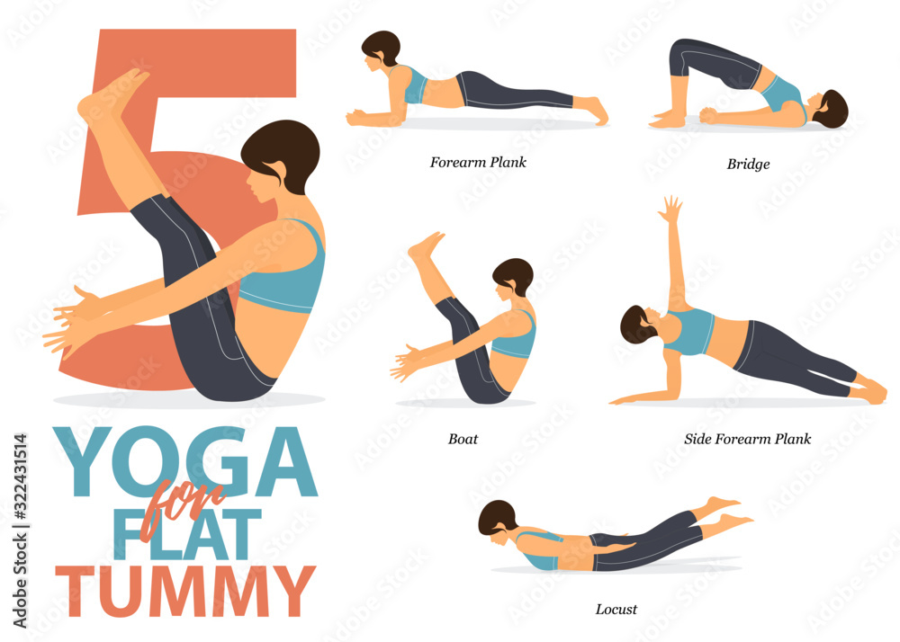 Infographic Of 5 Yoga Poses For Flat Tummy In Flat Design Beauty Woman