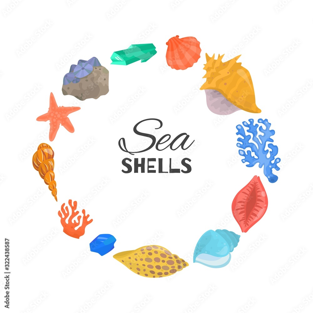 Cartoon sea shells, starfish, coral and ocean cockleshells in circle ...