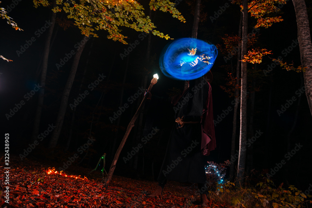 Sorcerer (magician) casting a spell while standing in the magical woods ...