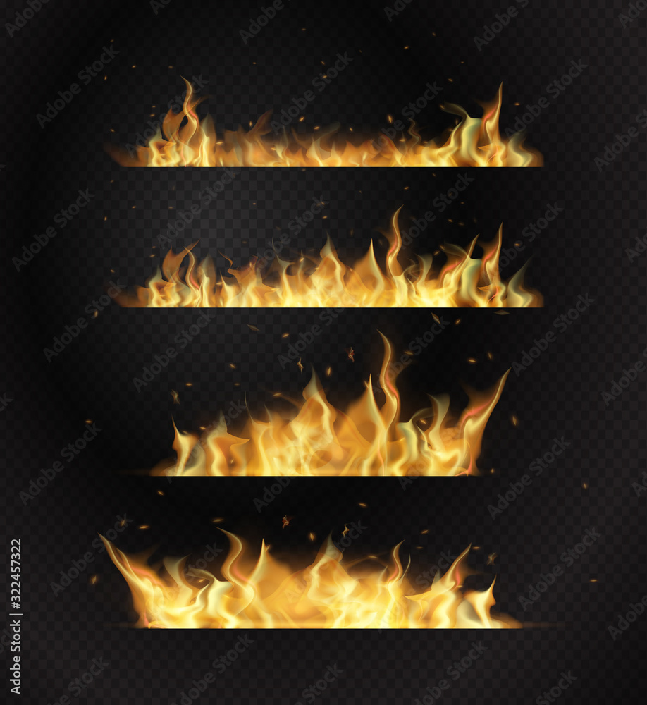 Realistic fire flames on transparent black background. Flat design ...