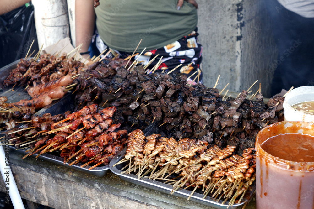 Assorted grilled pork innards such as intestine, liver, gizzard and ...