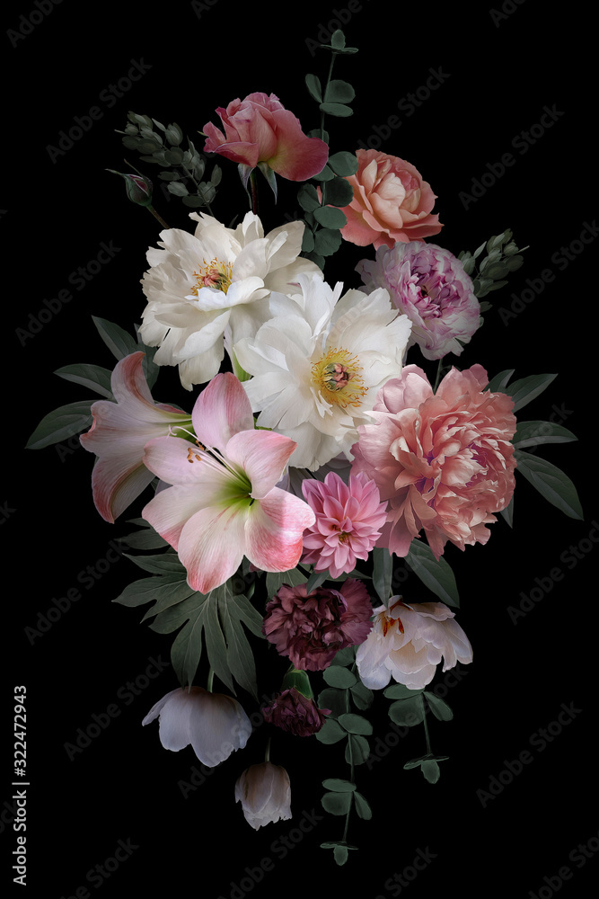 Baroque bouquet. Beautiful garden flowers and leaves on black ...