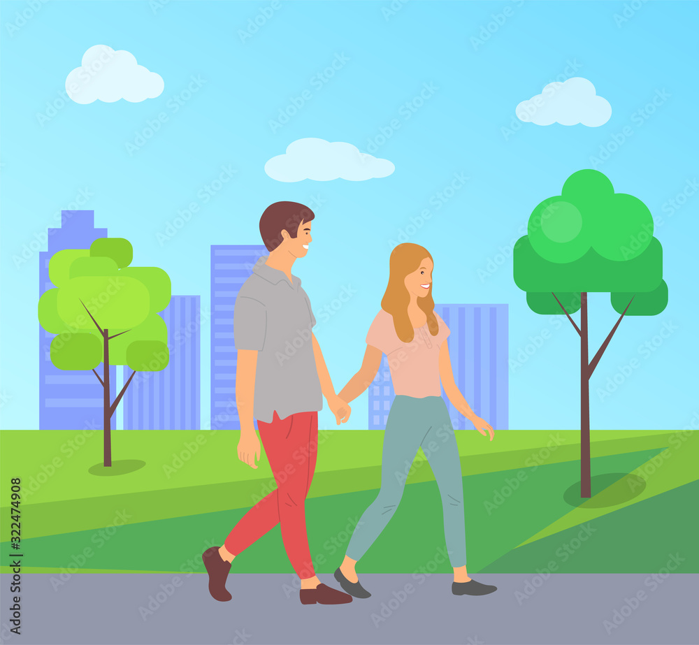Teenagers holding hands cartoon people walking together in city park ...