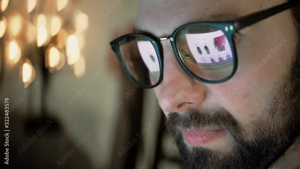 Overtime Work In Social Media.Software Developer Reflection On Glasses.Man In Glasses Looking On ...