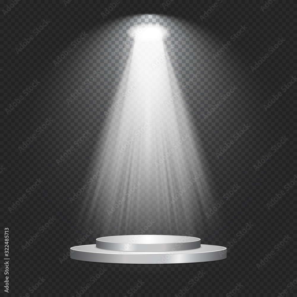 Round silver podium illuminated by spotlights on a transparent ...