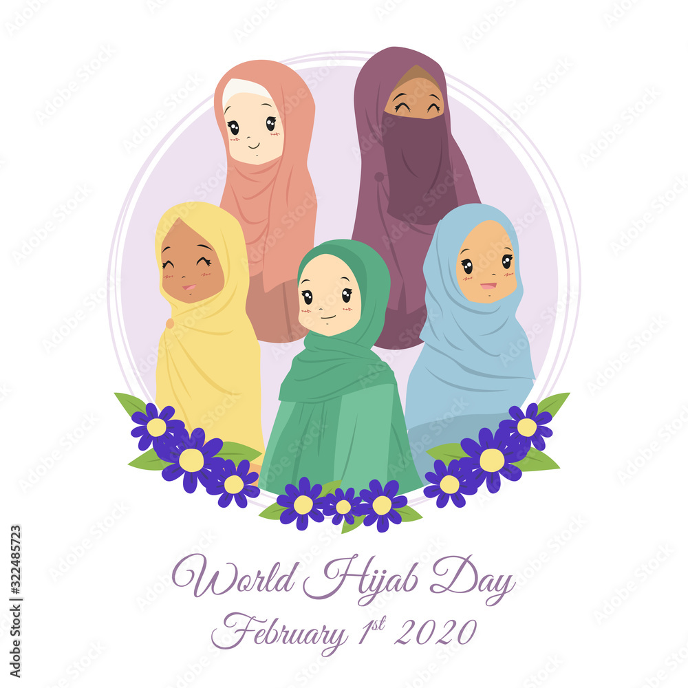 Happy world hijab day. Group of Muslim women in colorful hijab isolated ...