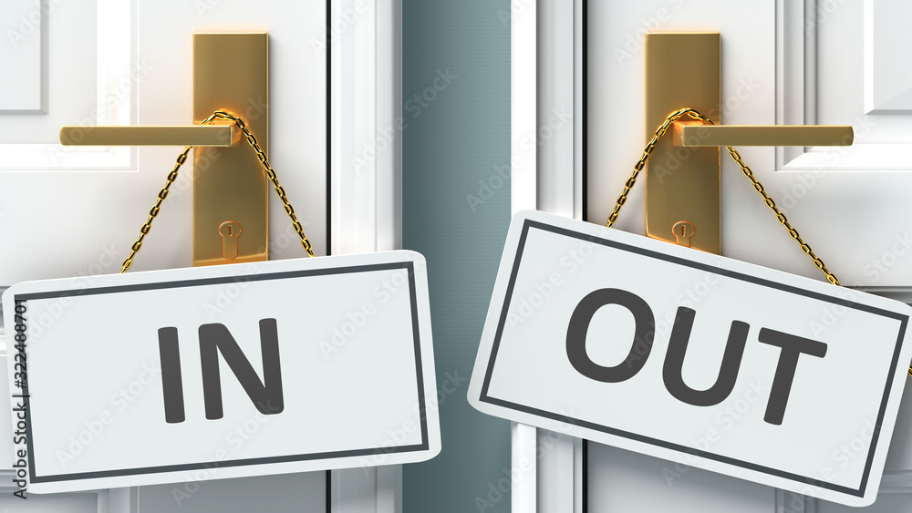 In or out as a choice in life - pictured as words In, out on doors to ...