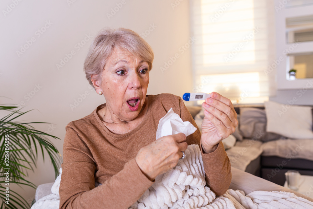 Sickness, seasonal virus problem concept. Senior woman being sick ...