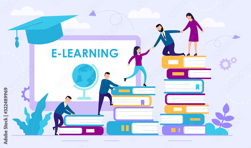 E learning concept. People Climb By Stack Of Books. Big PC For Distance ...