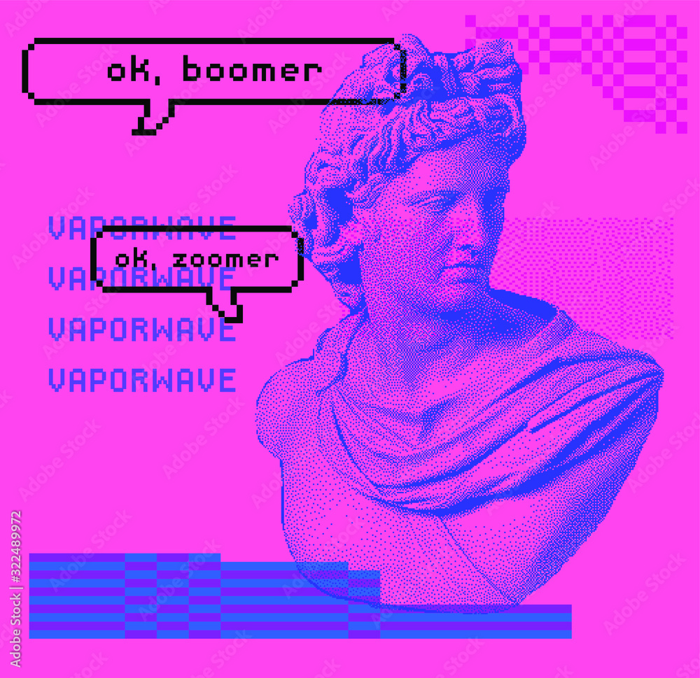 Vector pixel art ilustration with Apollo Greek sculpture. Vaporwave and ...