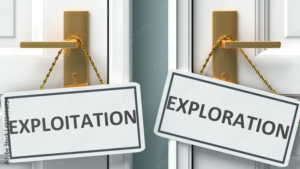 Exploitation or exploration as a choice in life - pictured as words ...
