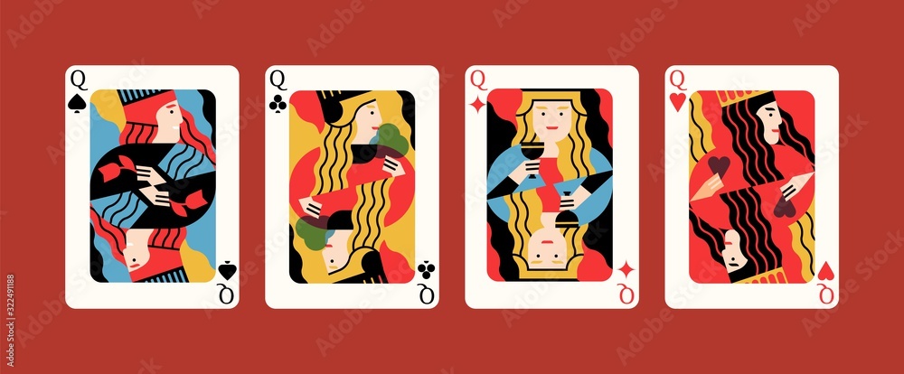 Collection of cartoon different suits playing card queen isolated on ...