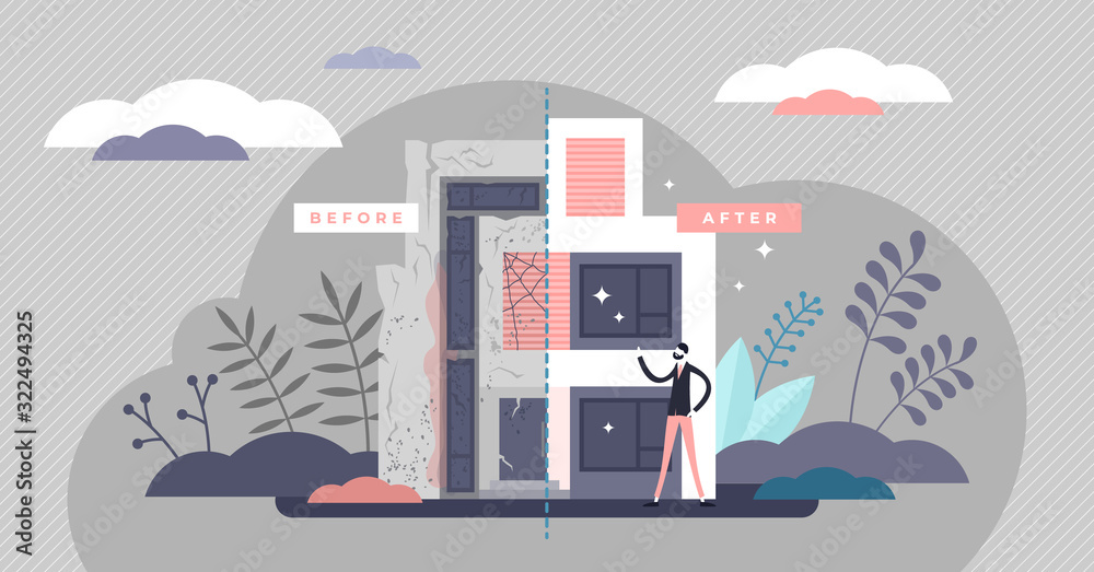 Flipping houses concept, flat tiny person vector illustration Stock ...