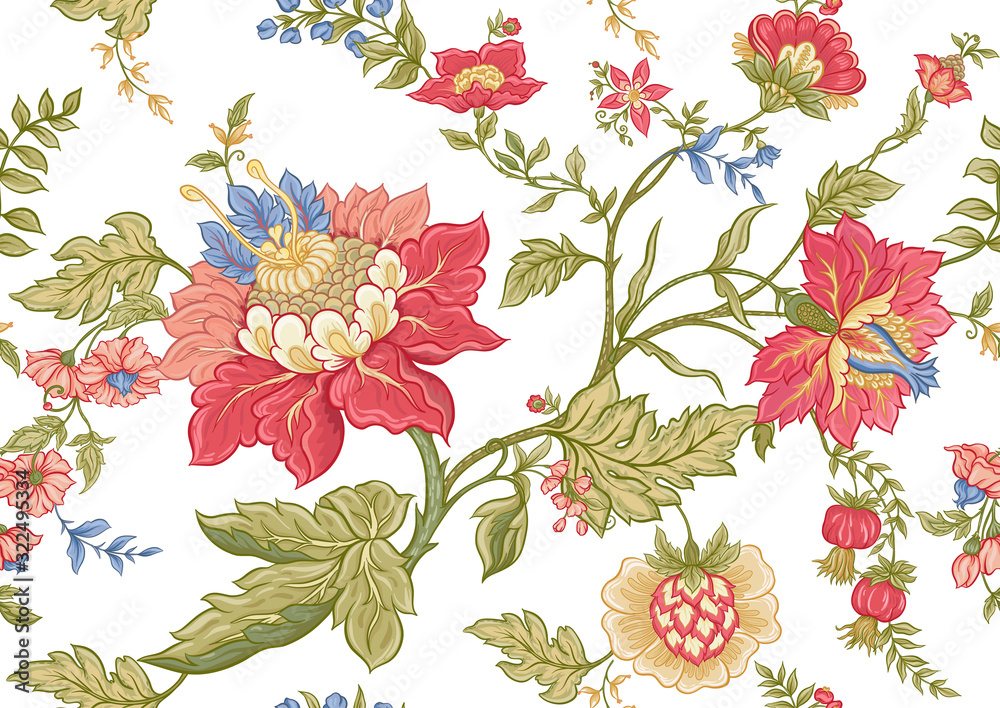 Seamless pattern with stylized ornamental flowers in retro, vintage ...
