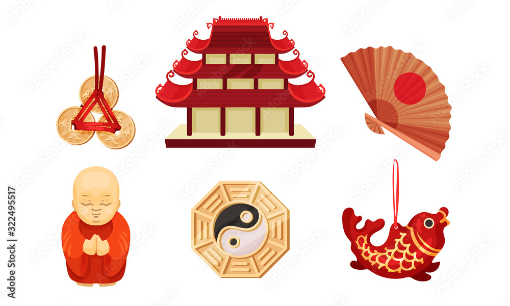 Chinese Culture Attributes and Symbols with Buddha Figure and ...