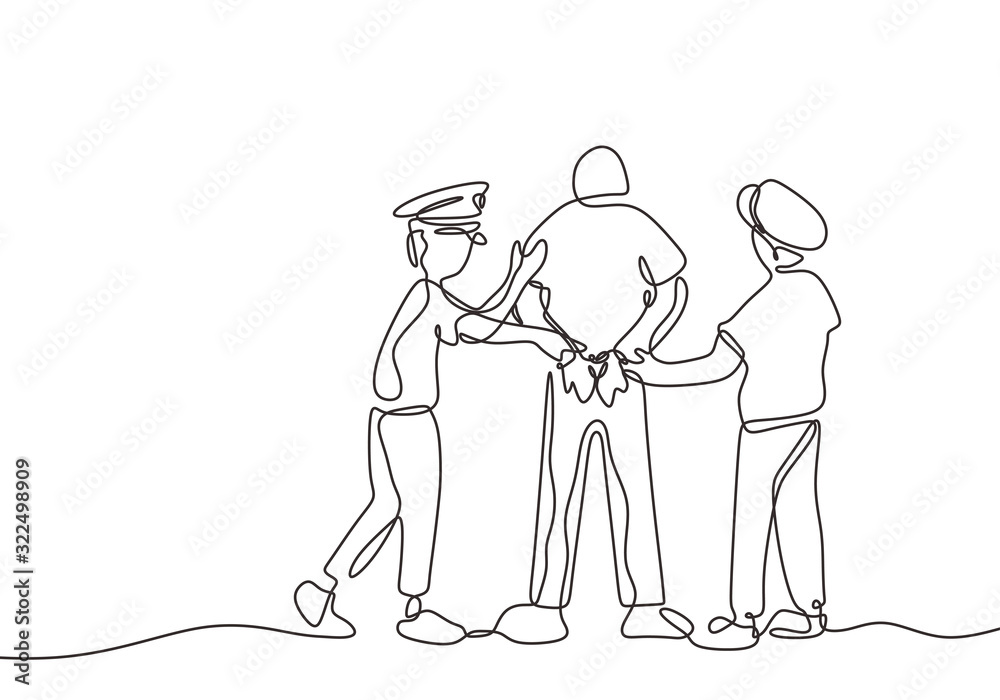 Continuous line drawing. Police officer placing handcuffs on prisoner ...