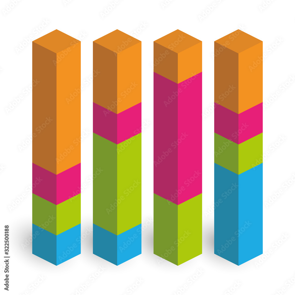 Bar chart of 4 growing columns. 3D isometric colorful vector graph ...