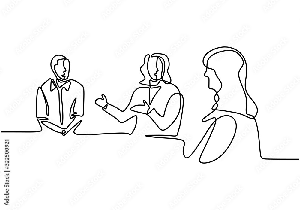 continuous line drawing of office workers at business meeting, Teamwork ...
