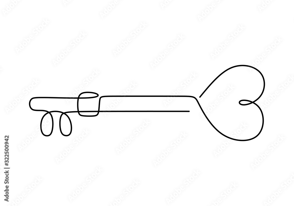 Love key. Continuous line drawing, heart symbol one hand drawn sketch ...