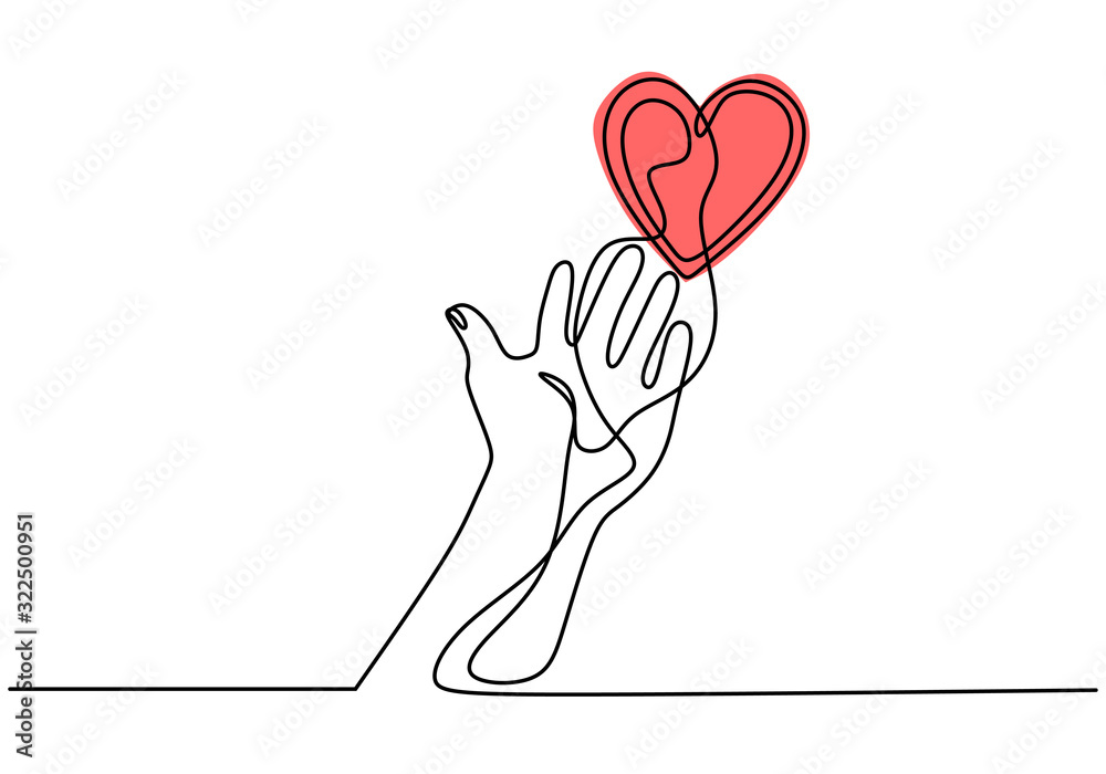 Hand with heart love symbol. Continuous line drawing, Romantic one hand ...
