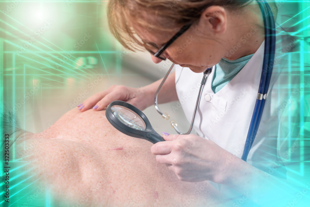 Dermatologist examining the skin of a patient; multiple exposure Stock ...
