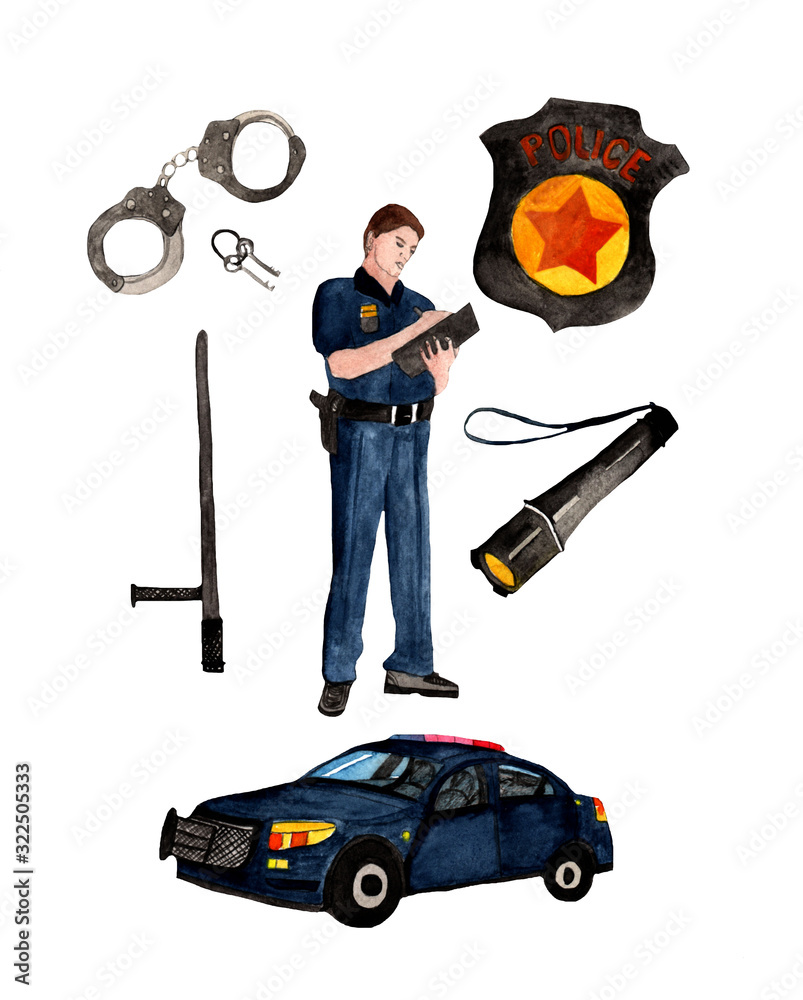 Profession Policeman.Watercolor hand drawn illustration of policeman ...