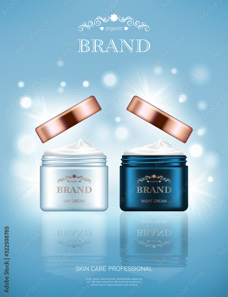 Realistic day cream and night cream jars with golden lids on light blue ...