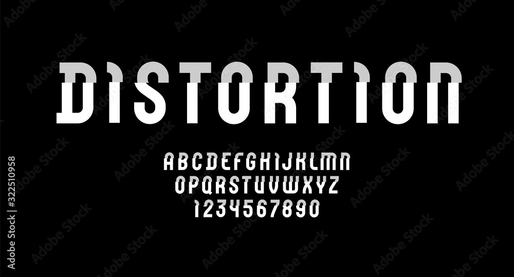 Damaged font, trendy distorted alphabet, modern letters and numbers ...