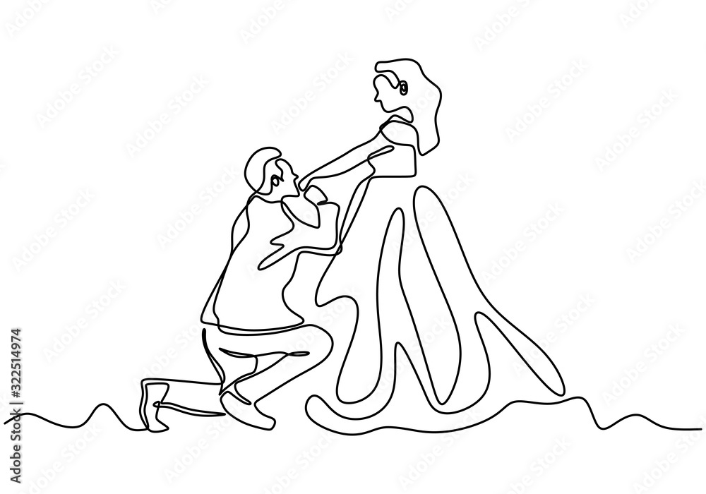 Continuous line drawing. Romantic couple, a man kiss a hand of woman ...