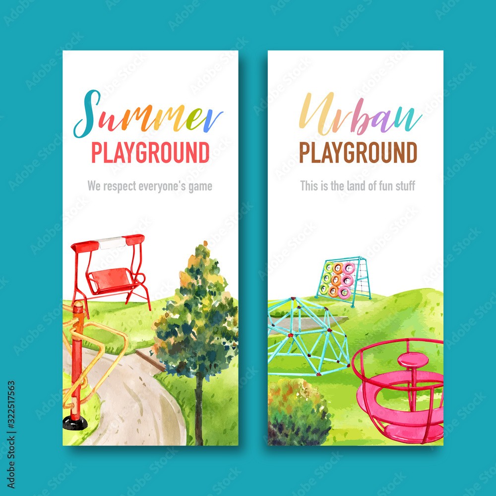 Vetor de Playground flyer design with swing, jungle gym watercolor ...