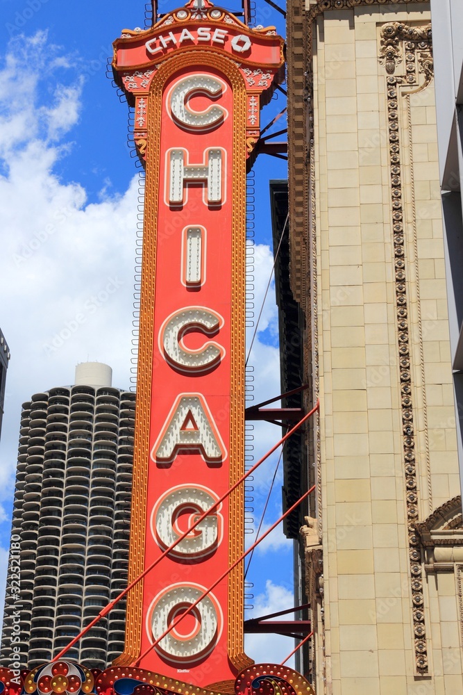 CHICAGO, USA - JUNE 28, 2013: Chicago Theatre sign. Chicago Theatre was ...