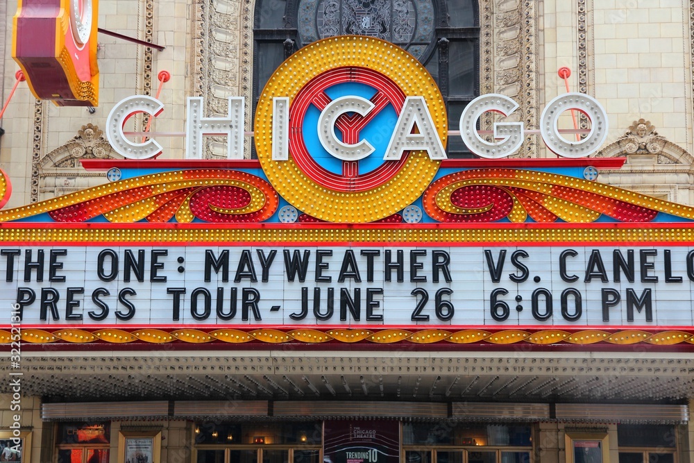 CHICAGO, USA - JUNE 28, 2013: Chicago Theatre sign. Chicago Theatre was ...