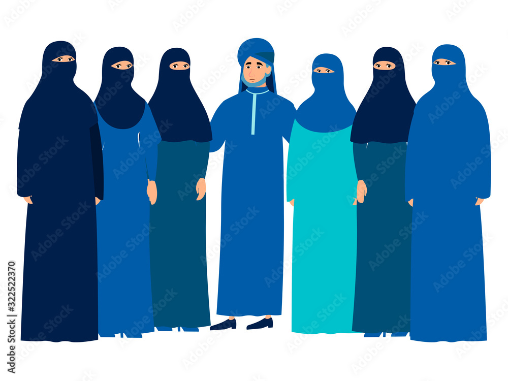 Muslim family, man with a harem. In minimalist style Cartoon flat ...
