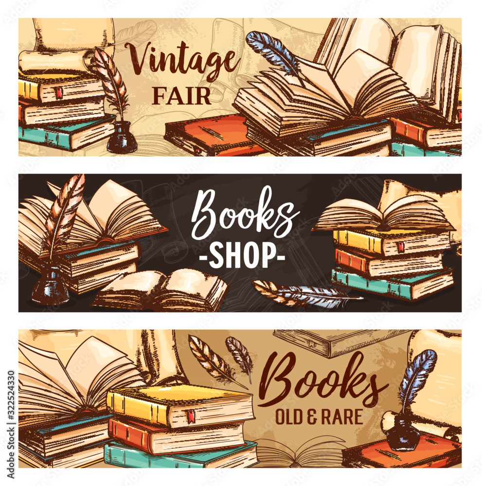 Vintage book and old feather pen with inkwell and antique paper scroll ...