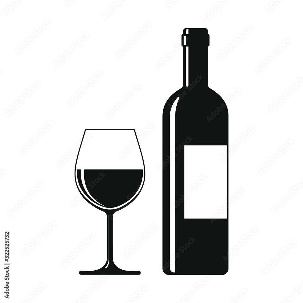 Wine bottle and glass graphic icon. Wine sign isolated on white ...