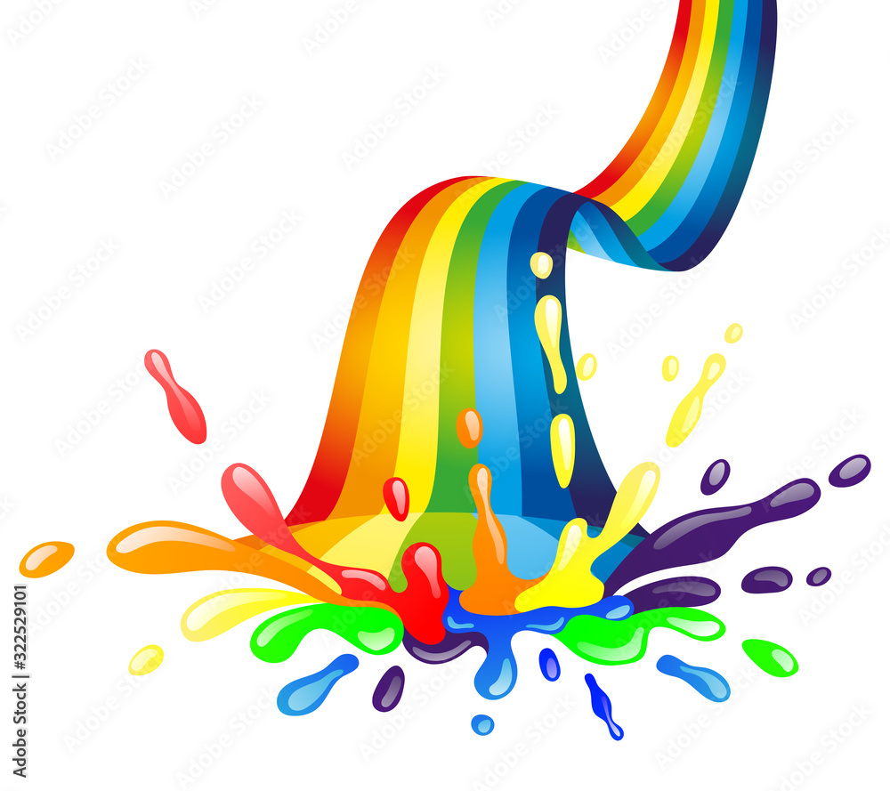 Bright rainbow and colorful splash with drops on a white background ...