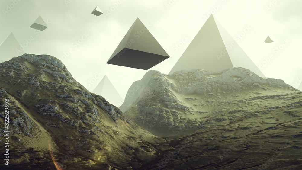 Rocky Hills with Floating Alien Geometric Pyramid Shapes Stock ...