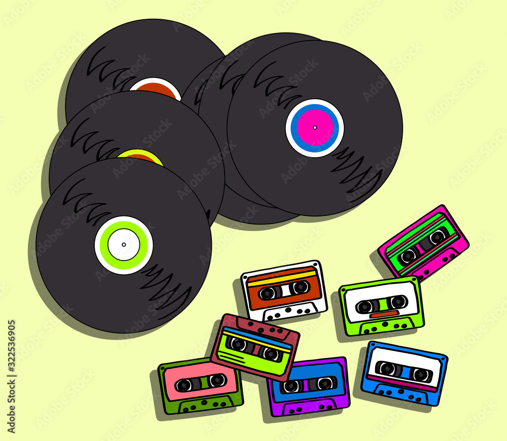 Collection of retro cassettes and music records on a white background ...