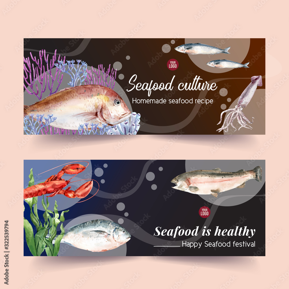 Seafood banner design with lobster, squid, fish illustration watercolor ...