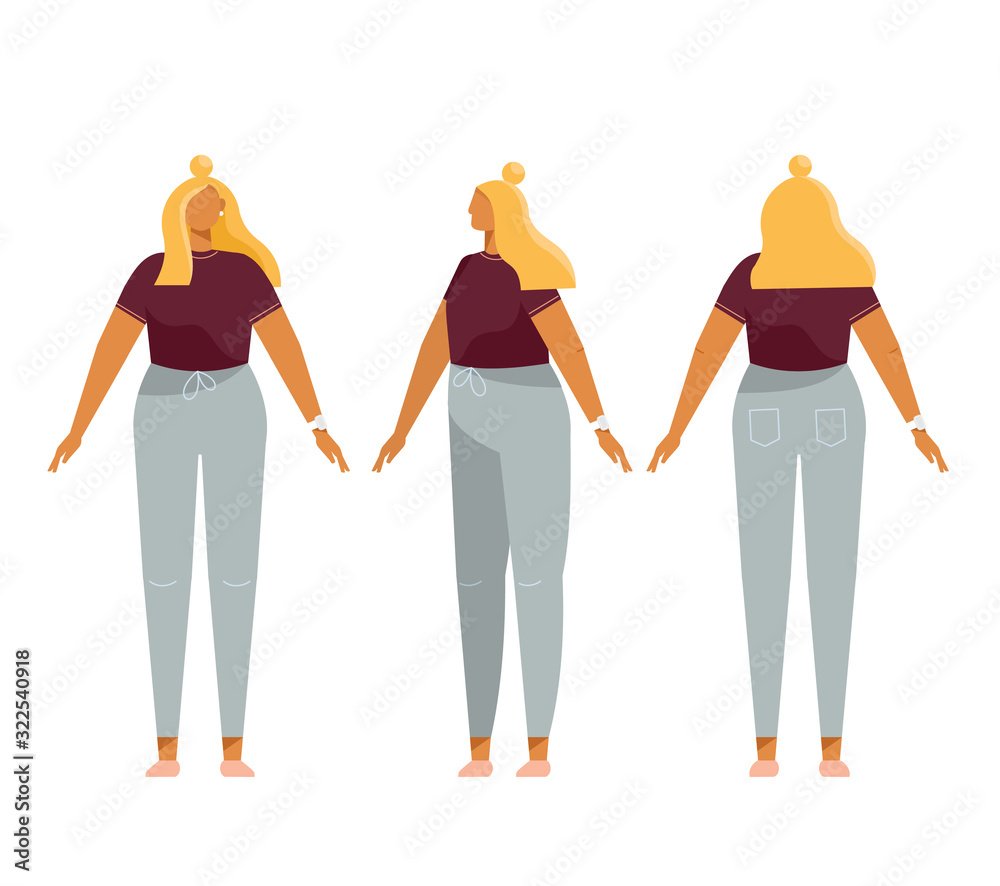 Set of body positions for animation. Front, side, rear. Different poses ...