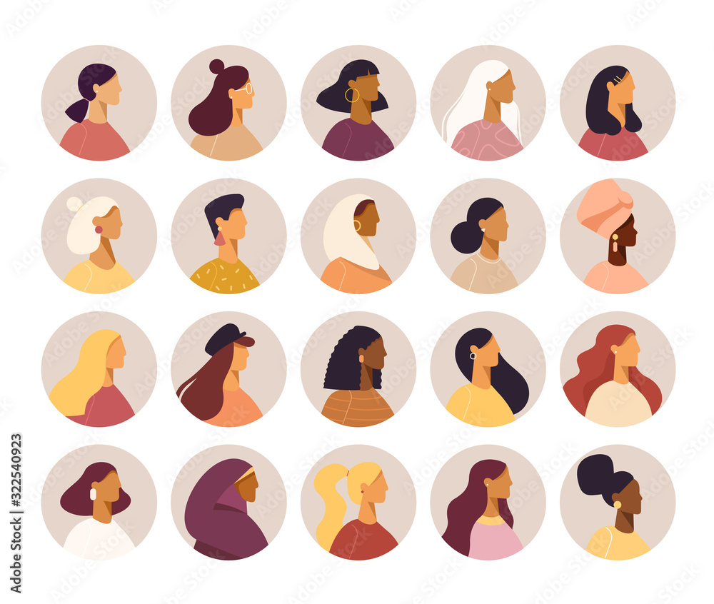 Super set of avatars in flat design style. Cool characters icons. Women ...