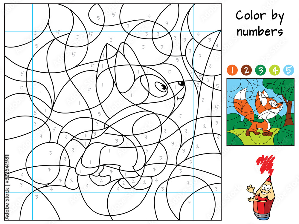 Vetor de Funny little fox in the forest. Color by numbers. Coloring ...