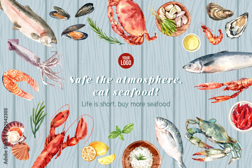 Seafood frame design with oyster, mud crab, fish illustration ...